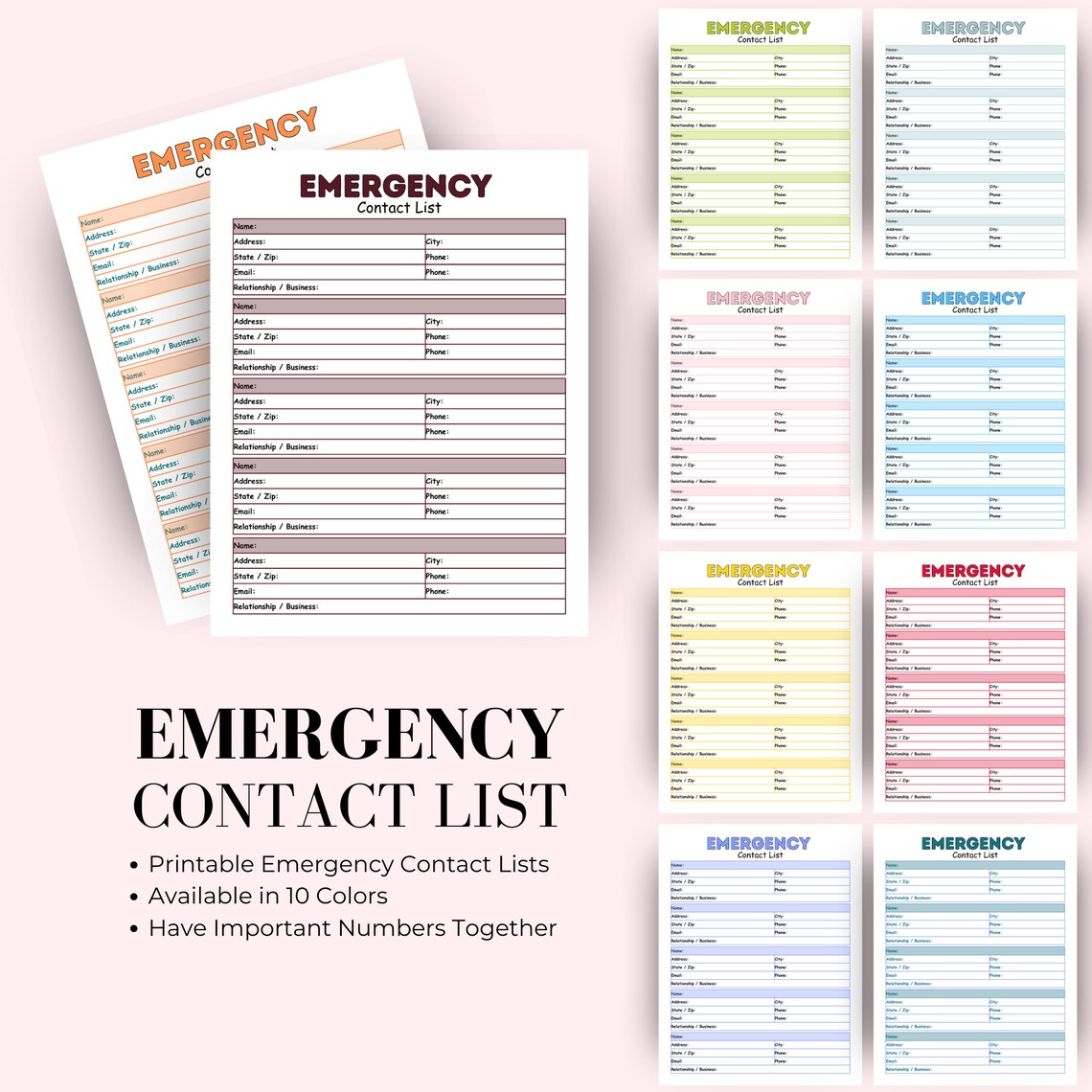 Emergency Contact List, Printable PDF, Printable Emergency Contact List ...
