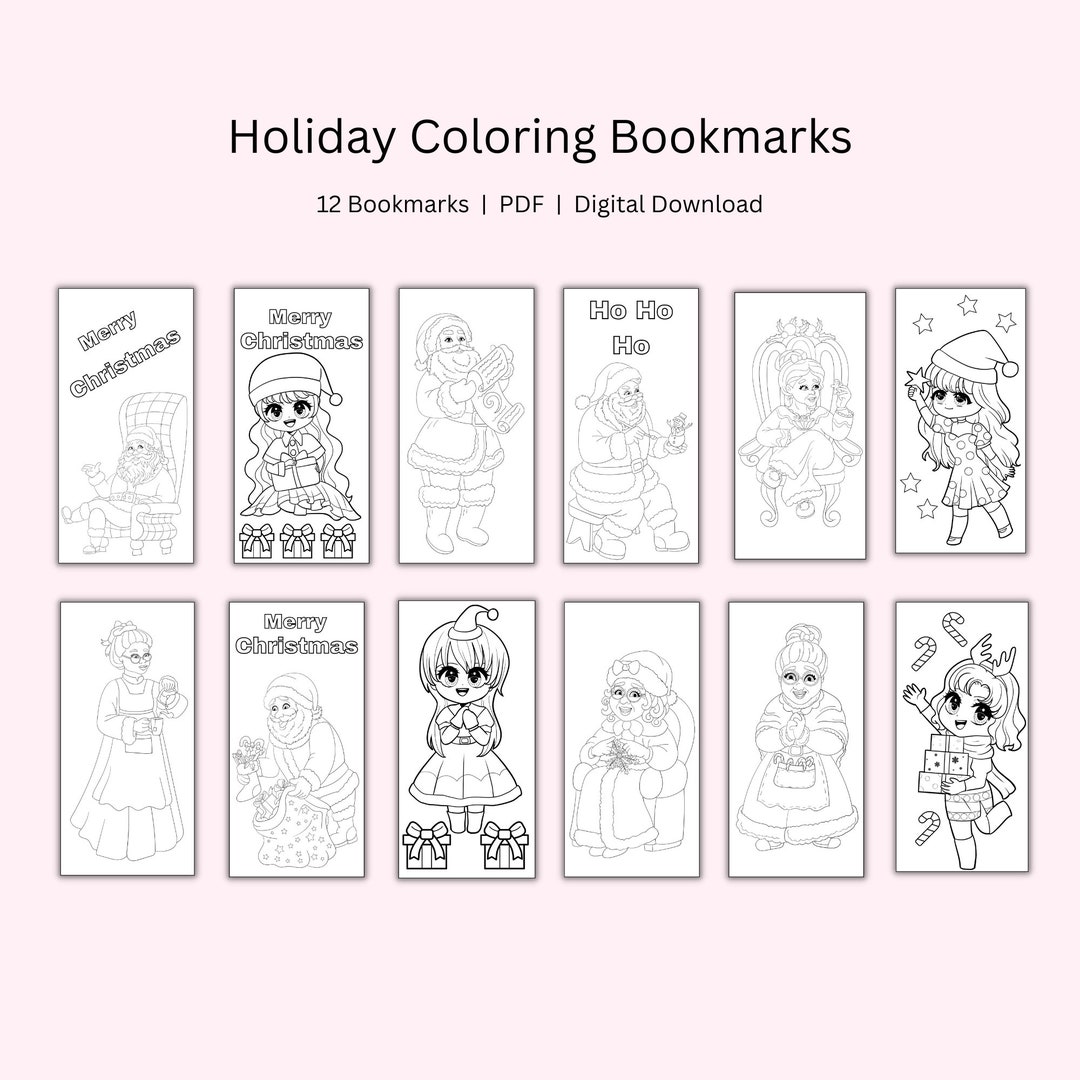 12 Holiday Coloring Bookmarks, Print at Home Bookmarks, Christmas ...