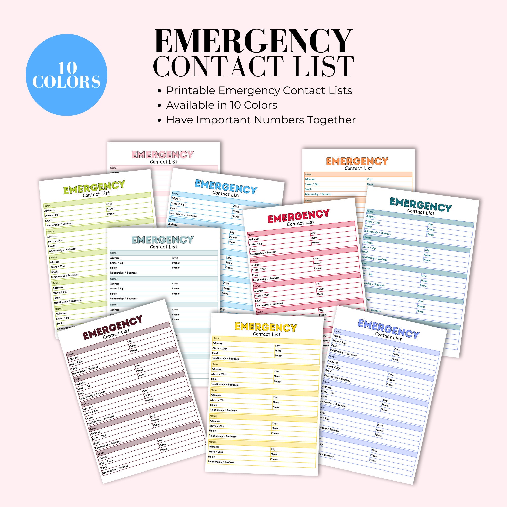 Emergency Contact List, Printable PDF, Printable Emergency Contact List ...