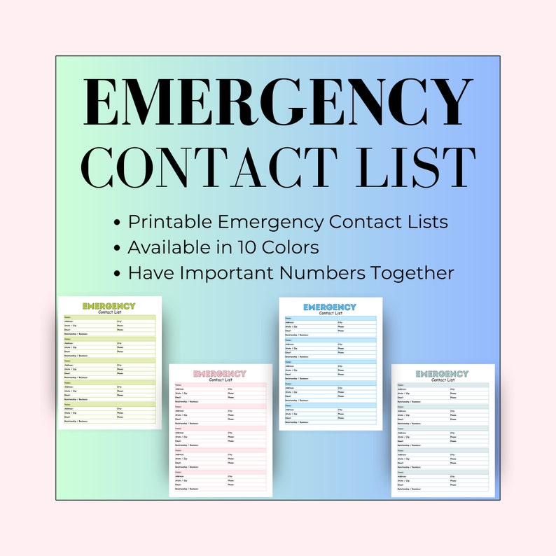 Emergency Contact List, Printable PDF, Printable Emergency Contact List ...