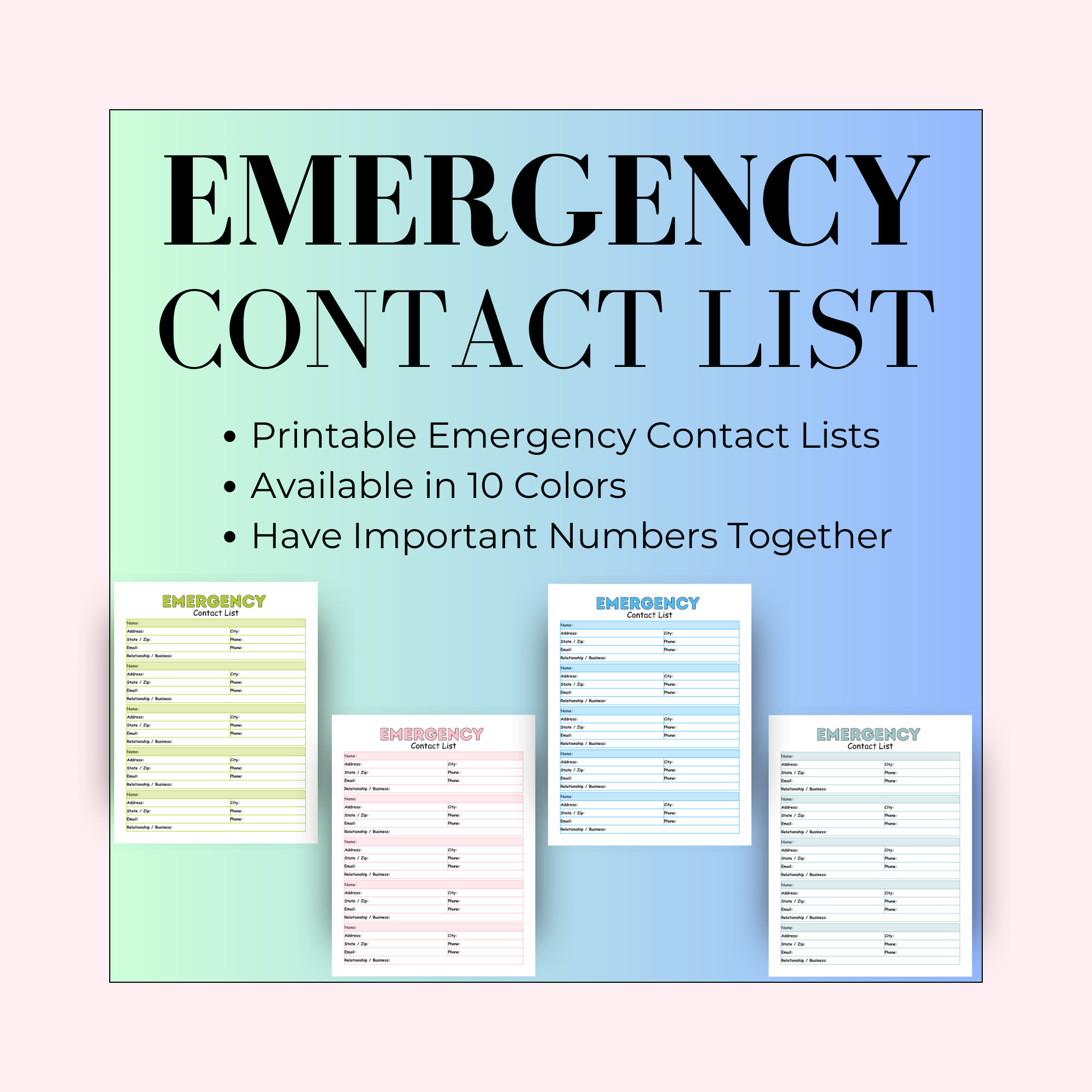 Emergency Contact List, Printable PDF, Printable Emergency Contact List ...