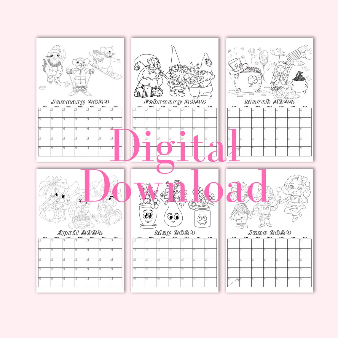 2024 Coloring Calendar, 2024 Sunday Start Calendar, Printable Coloring ...