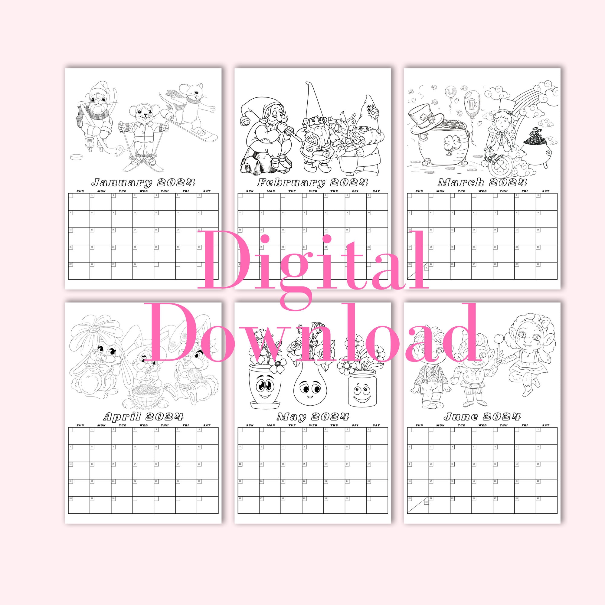 2024 Coloring Calendar, 2024 Sunday Start Calendar, Printable Coloring ...