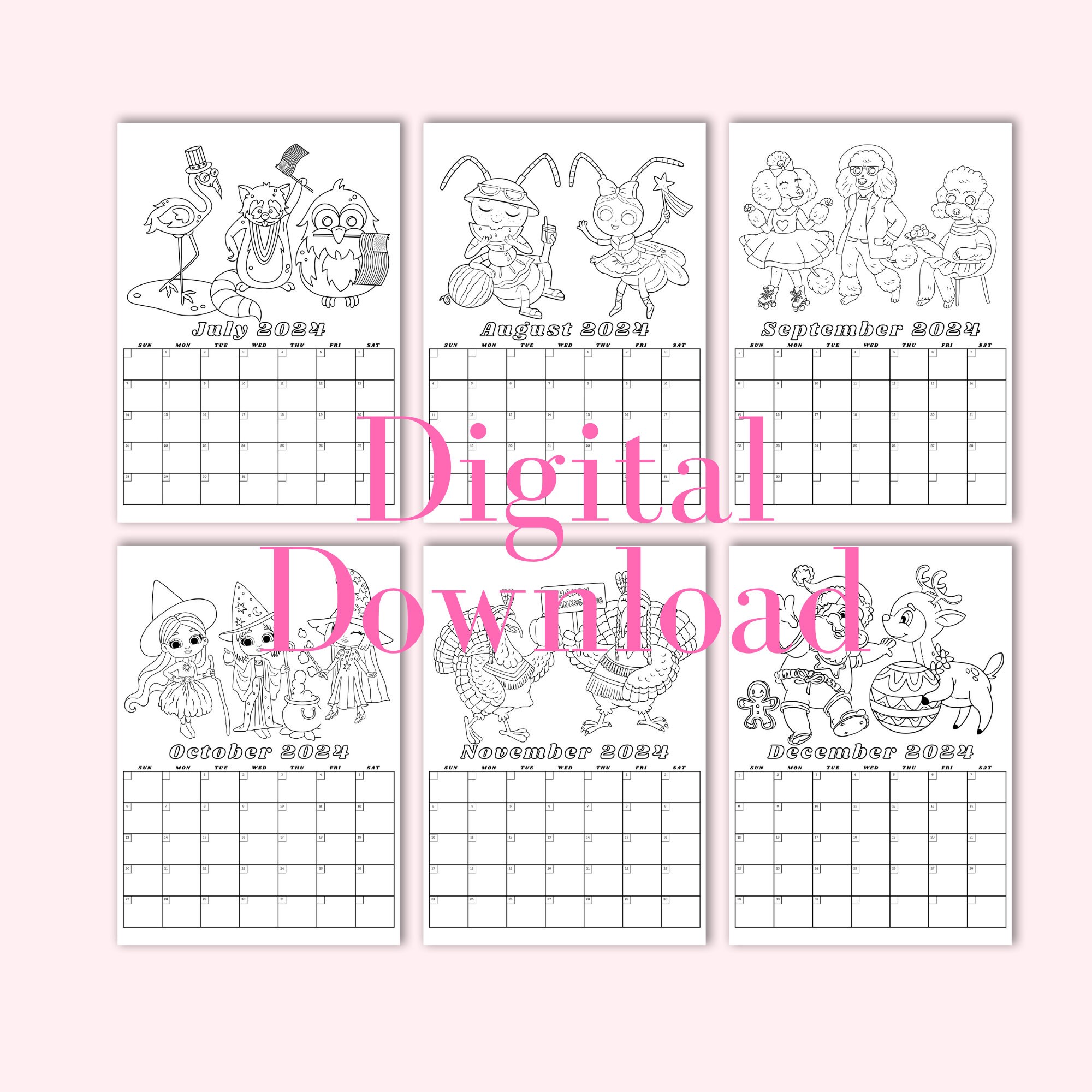 2024 Coloring Calendar, 2024 Sunday Start Calendar, Printable Coloring ...