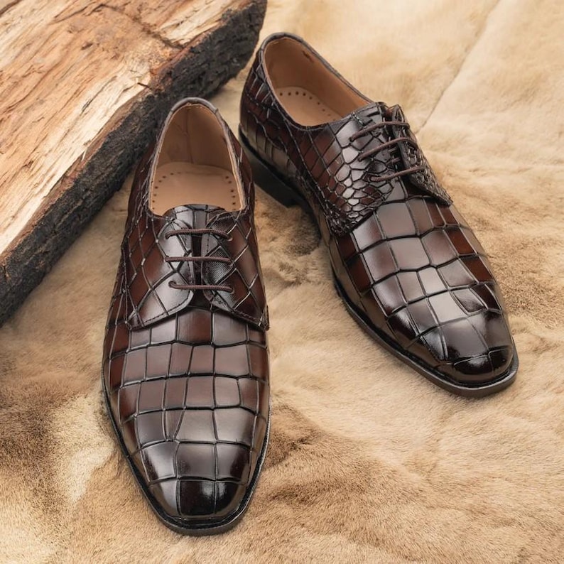 Handmade Goodness Mens Crocodile Texture Leather Dress Shoes, Men Brown ...