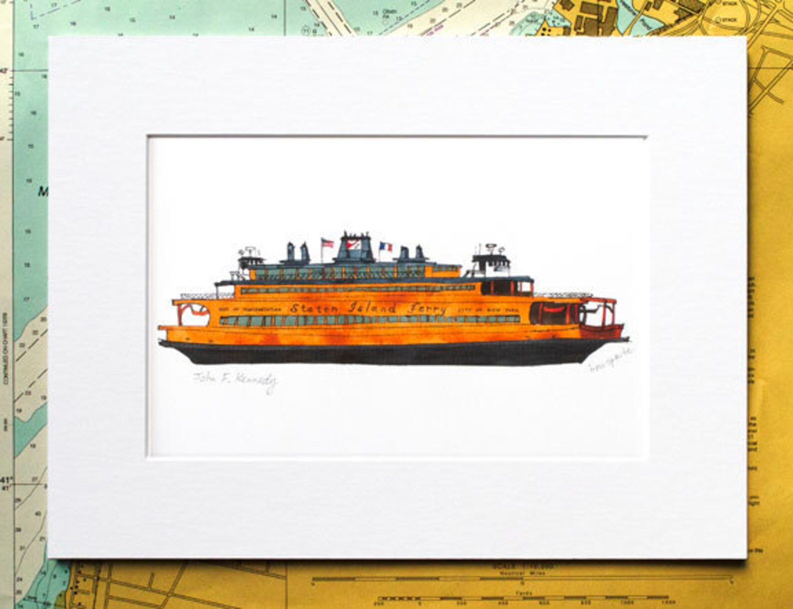 Staten Island Ferry John F. Kennedy: Ship Print / Nautical Illustration ...
