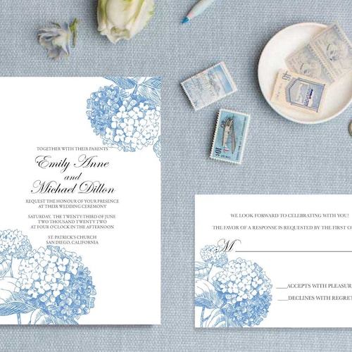 Hydrangea Wedding Invitation Editable Template Botanical - Etsy