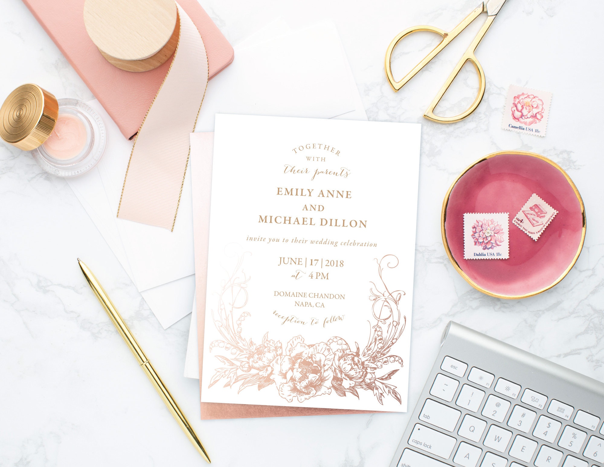 Printed Wedding Invitation Rose Gold Floral Wedding Set | Etsy