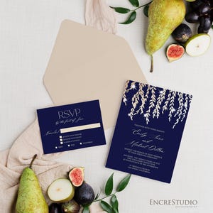 Midsummer Night Wedding Invitation - Rose Gold and Navy Blue Wedding ...