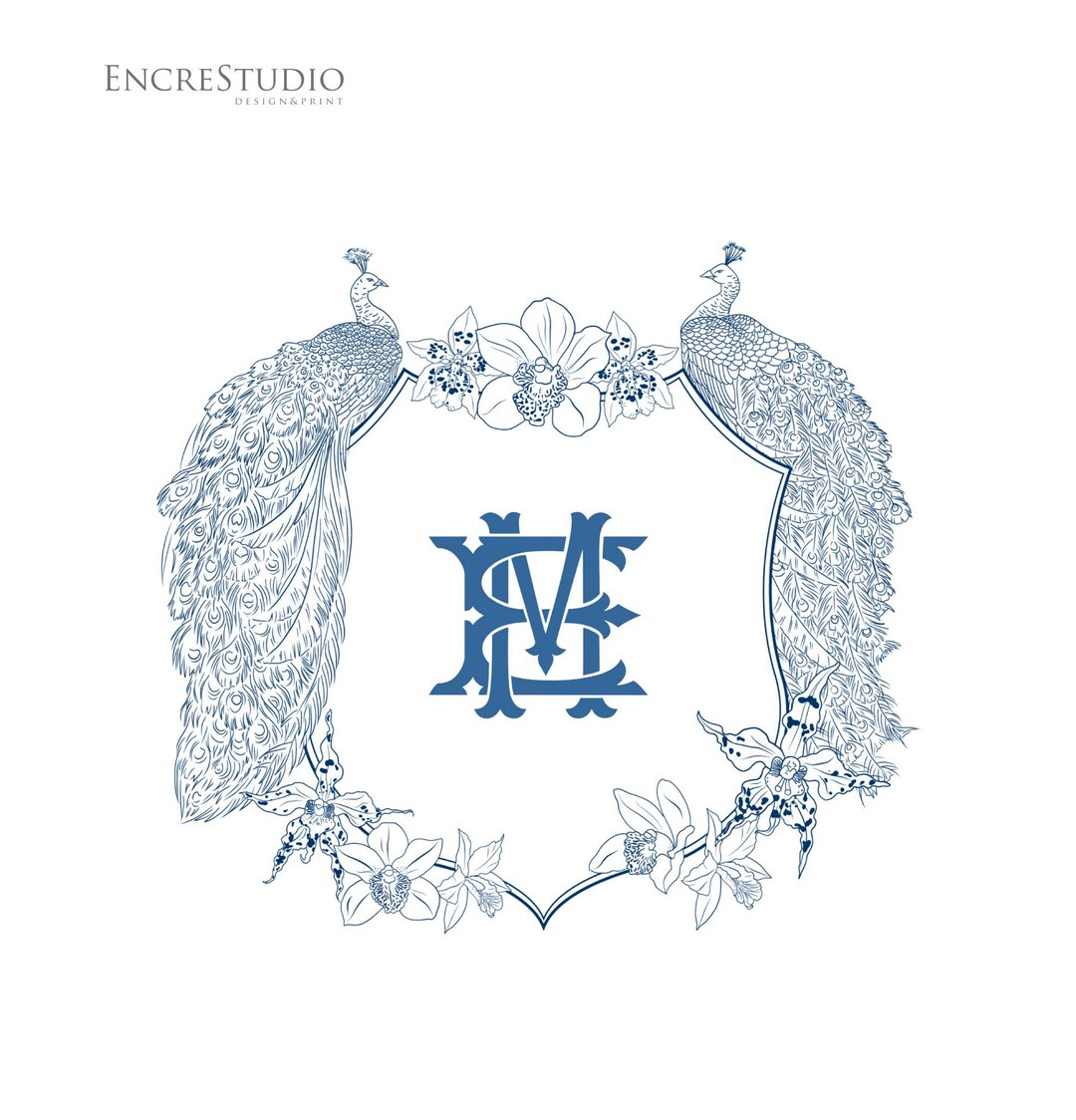 Peacocks and Orchids Wedding Crest Monogram | Editable Digital Logo ...