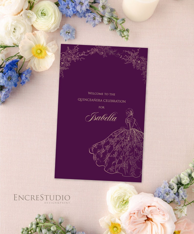 Editable Quinceanera Program Template, Sweet Sixteen Birthday - Purple and Gold Event Program - Etsy