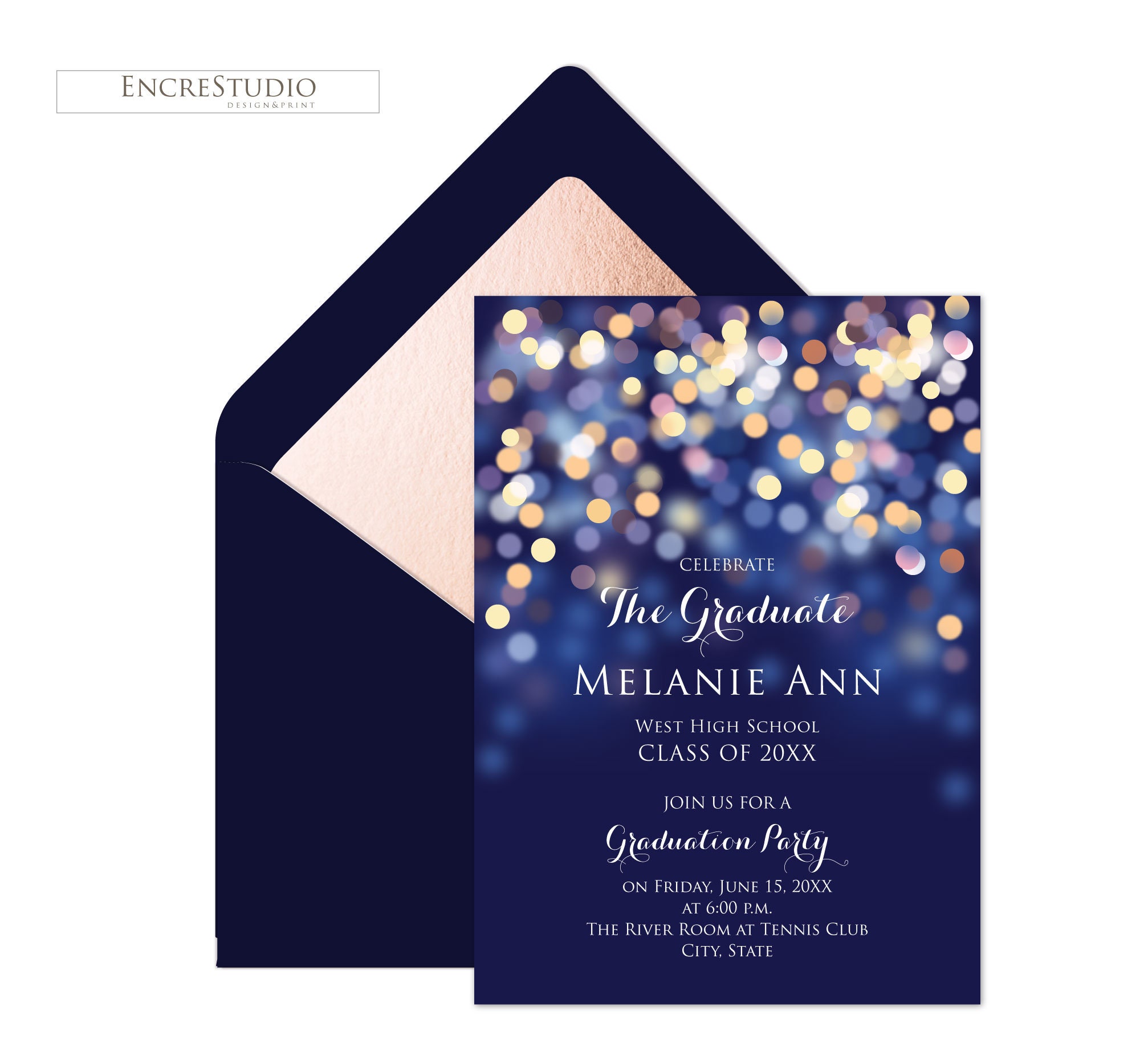Graduation Announcement Editable Template Navy and Gold Bokeh | Etsy