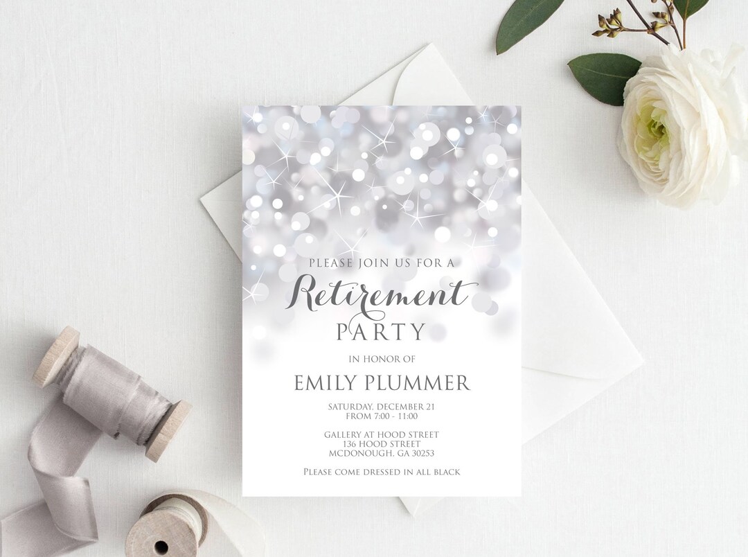 Editable Retirement Party Invitation Template - Silver Bokeh Invitation ...