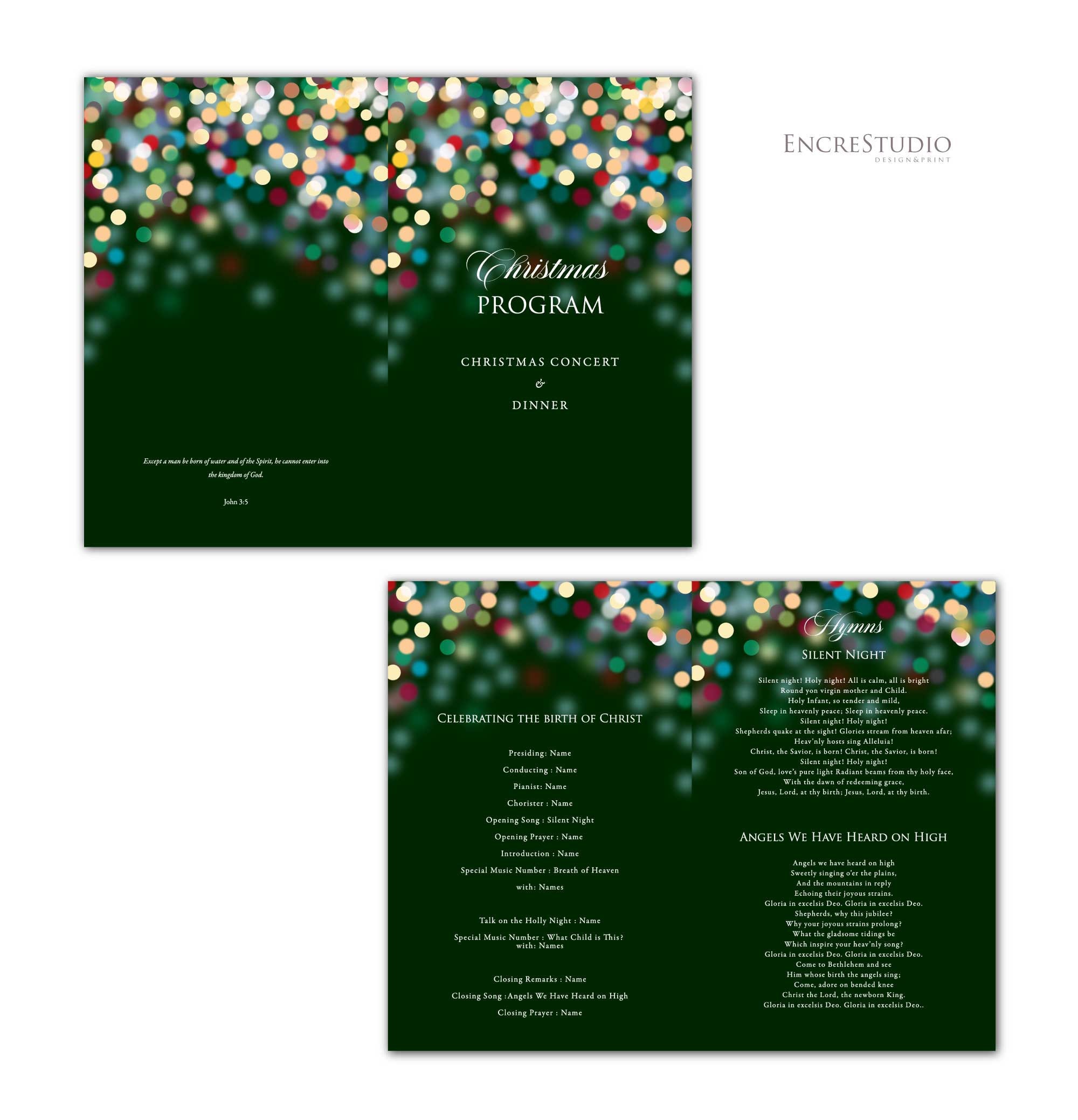 Editable Concert and Dinner Program Template - Christmas Lights Bokeh ...