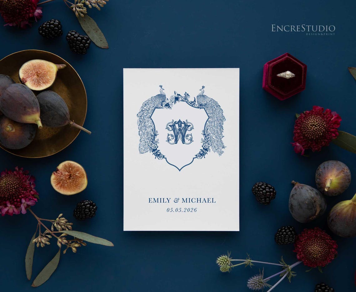 Peacocks, Orchids, Roses Wedding Crest Monogram | Editable Digital Logo ...