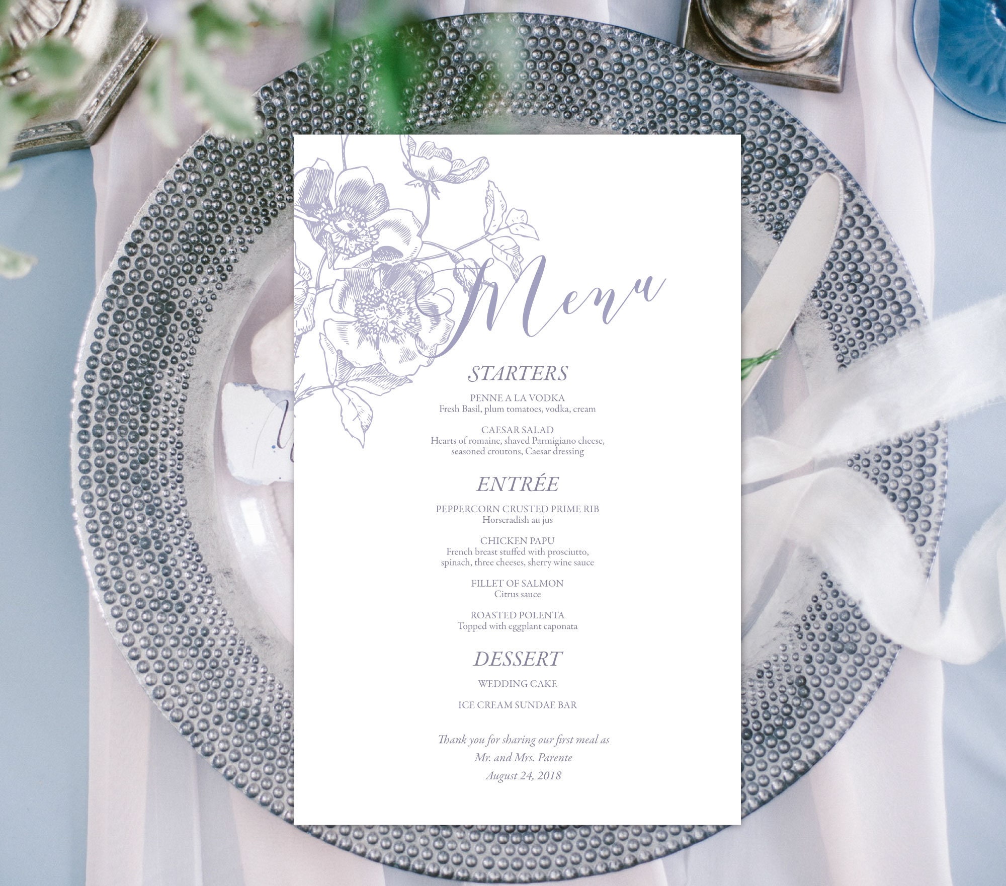 Invitations Editable Menu Template Silver Rose Minimalist Botanical Wedding Menu Invitations 
