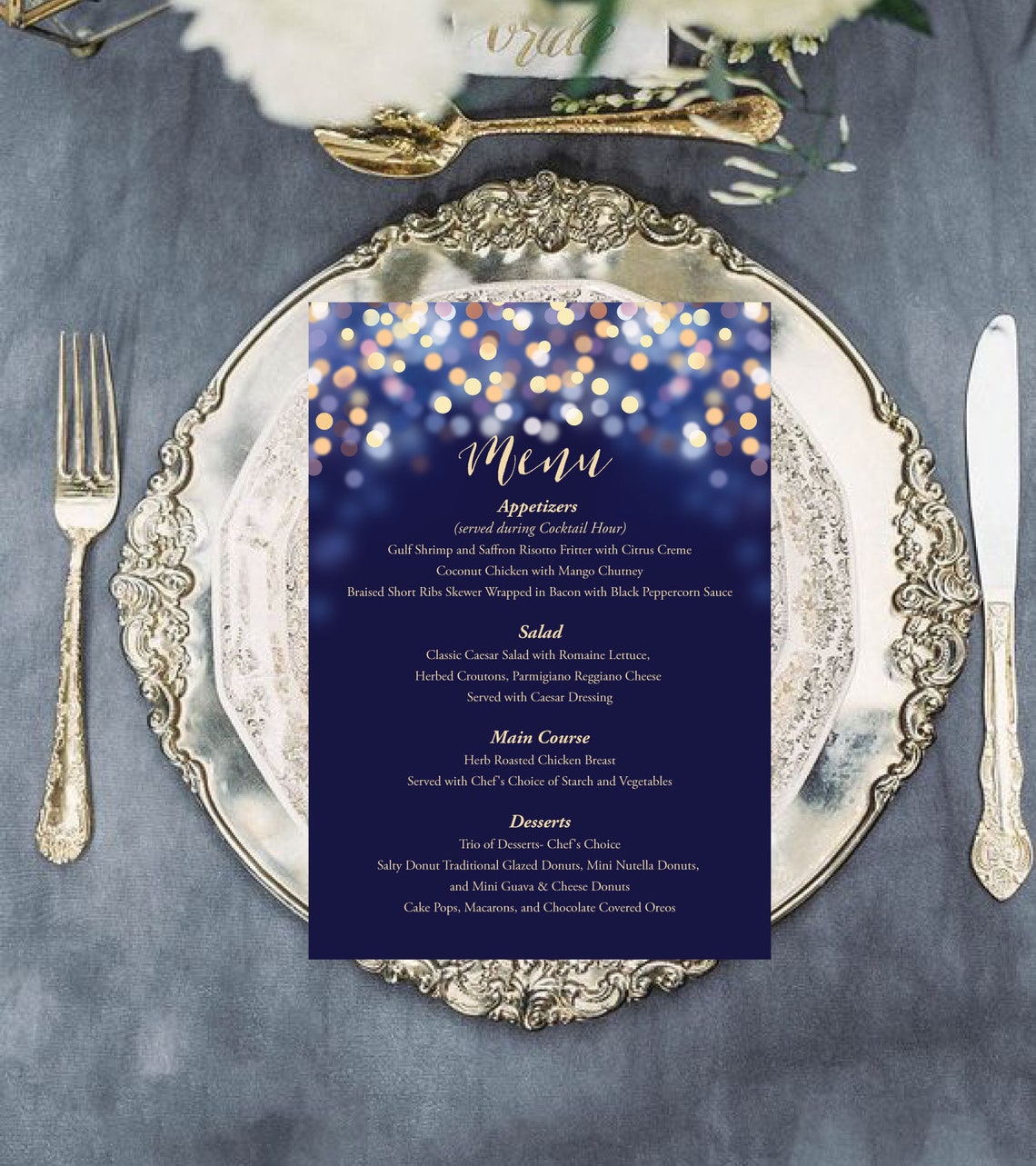 Editable Dinner Menu Template Gold and Blue Bokeh Dinner - Etsy