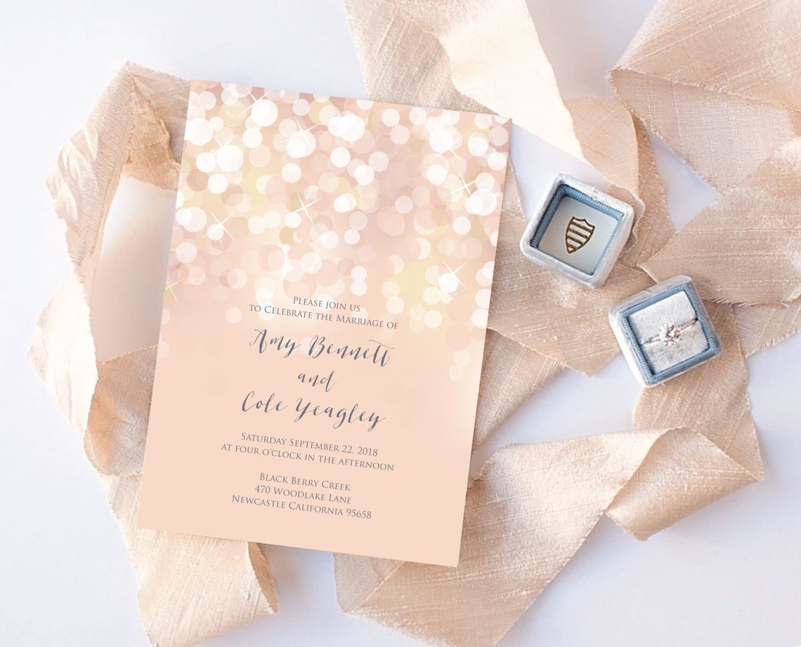 Gold and Blush Bokeh Wedding Invitation Printed on Metallic - Etsy