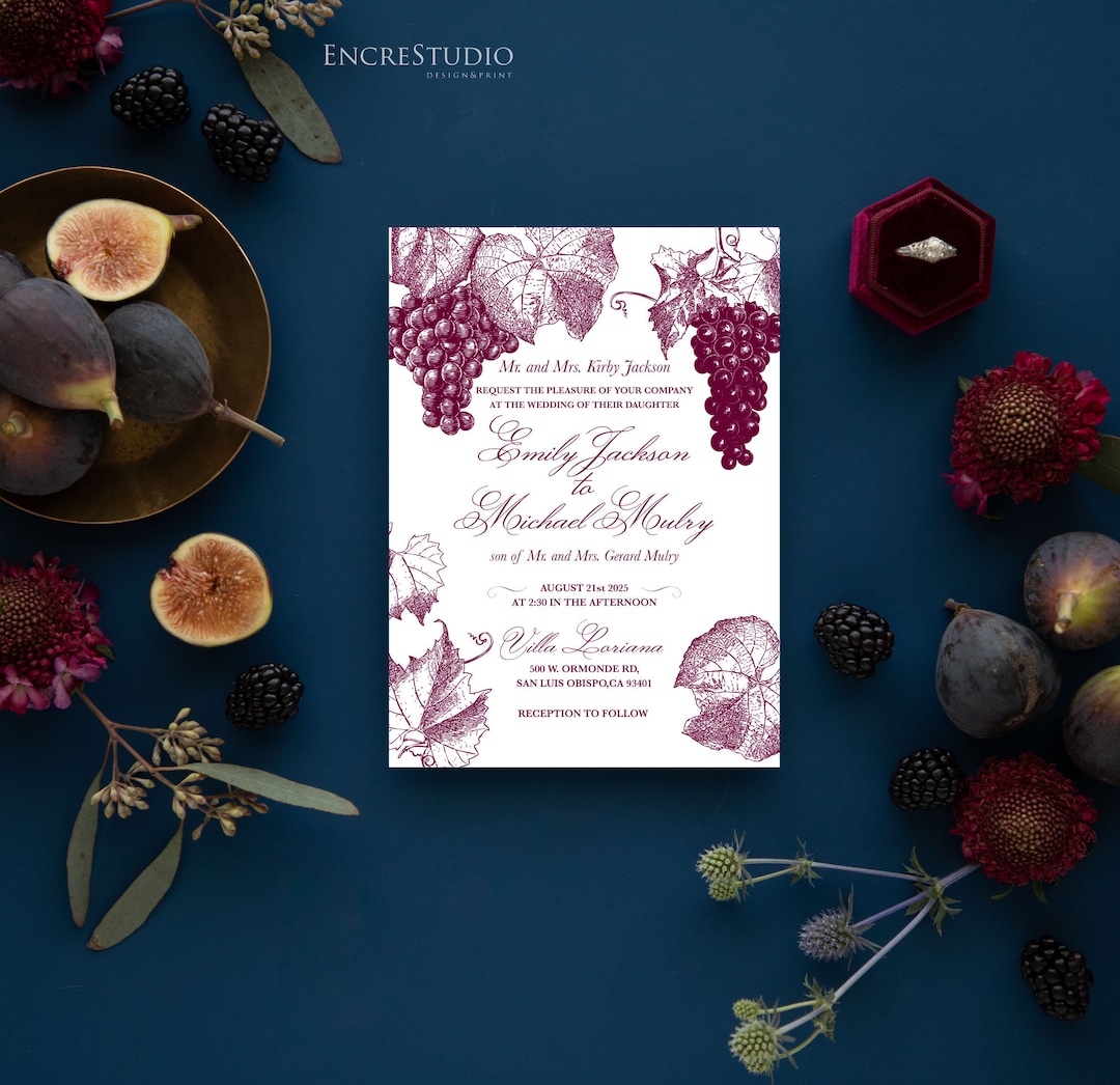 Vineyard Grapes Wedding Invitation Set Editable Template - Botanical ...