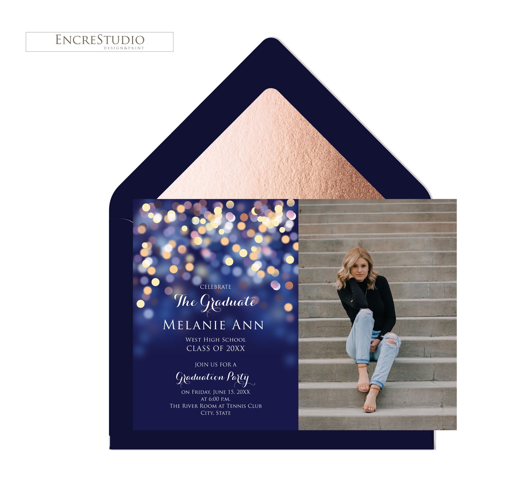 Graduation Announcement Editable Template Navy and Gold Bokeh | Etsy
