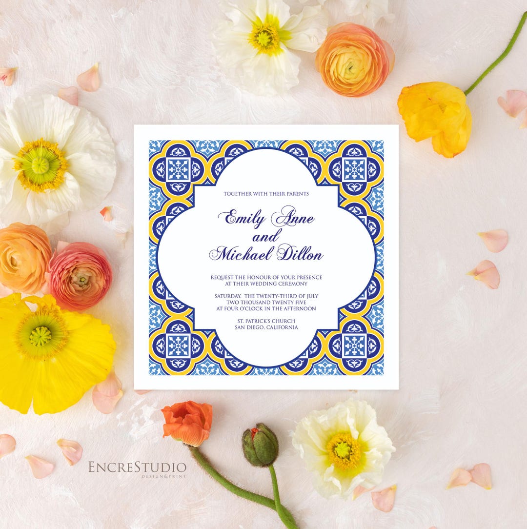 Editable Spanish Tiles Wedding Invitation, Rsvp, Details Card Templates ...