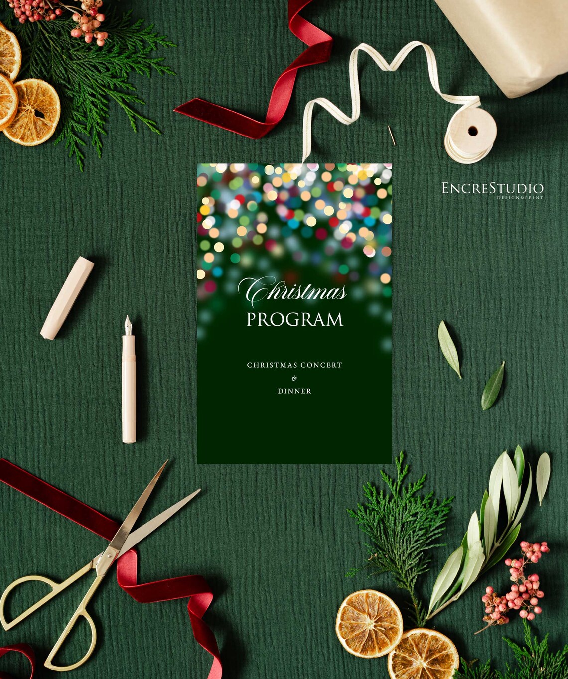 Editable Concert and Dinner Program Template - Christmas Lights Bokeh ...