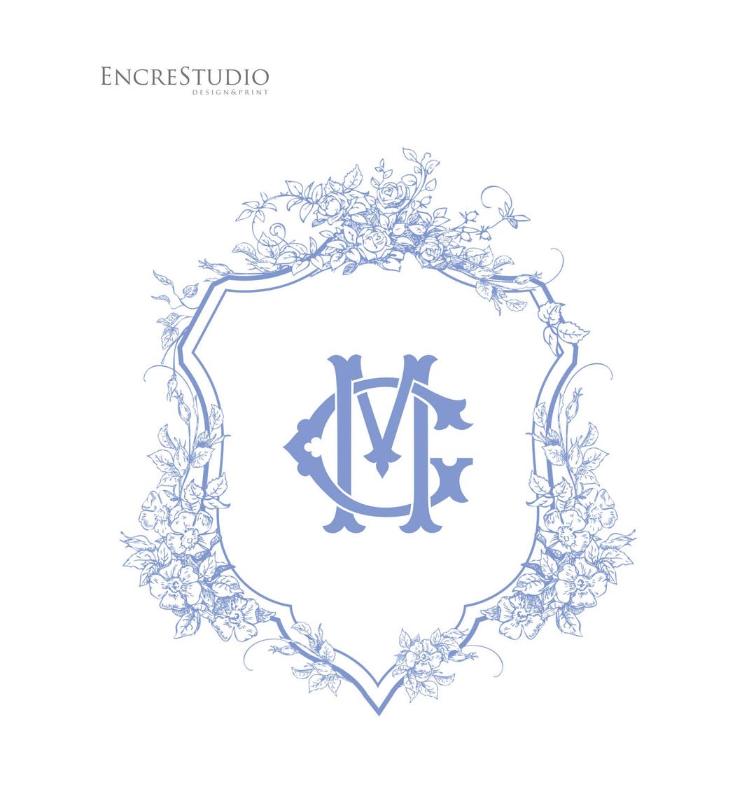 Wedding Crest Monogram | Hand-drawn Rose Vine Logo | Editable Digital ...