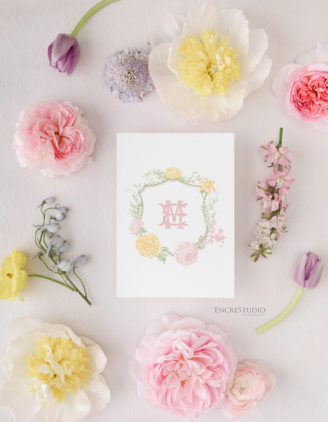 Summer Wedding Crest Monogram - Yellow and Pink Floral Design ...