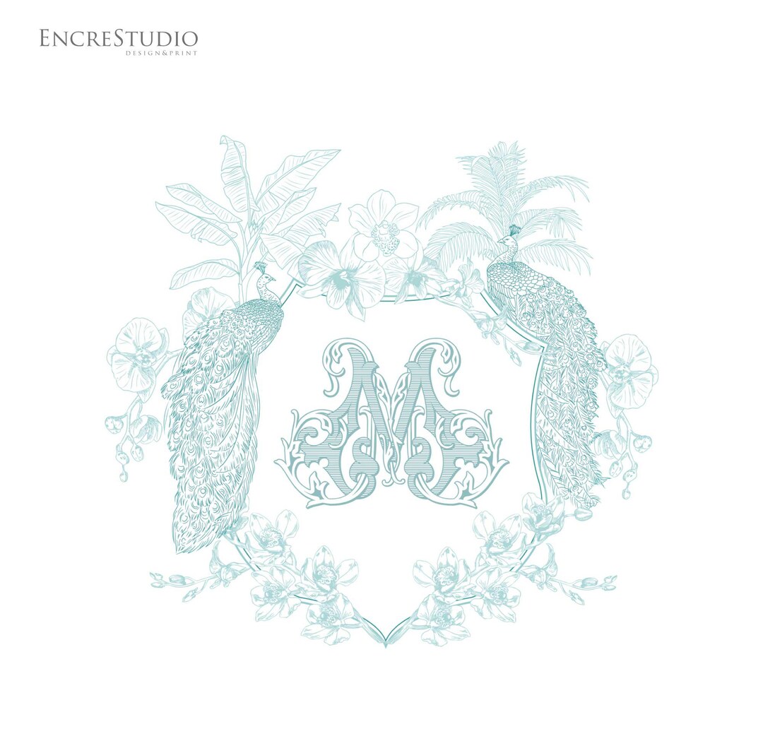 Peacocks and Orchids Wedding Crest and Monogram - Editable Digital ...