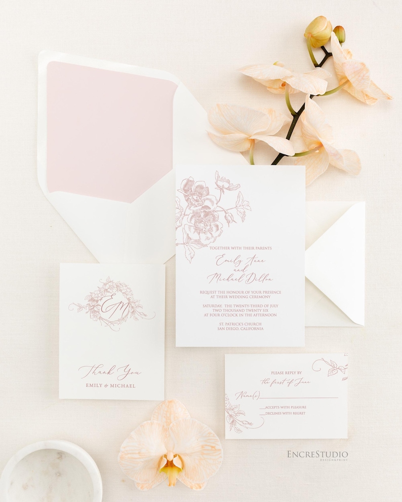 Set di inviti per matrimonio Blush Rose: design botanico vintage ...