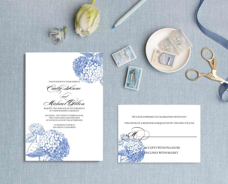 Blue Hydrangea Wedding Invitation Suite Printed Invitation - Etsy