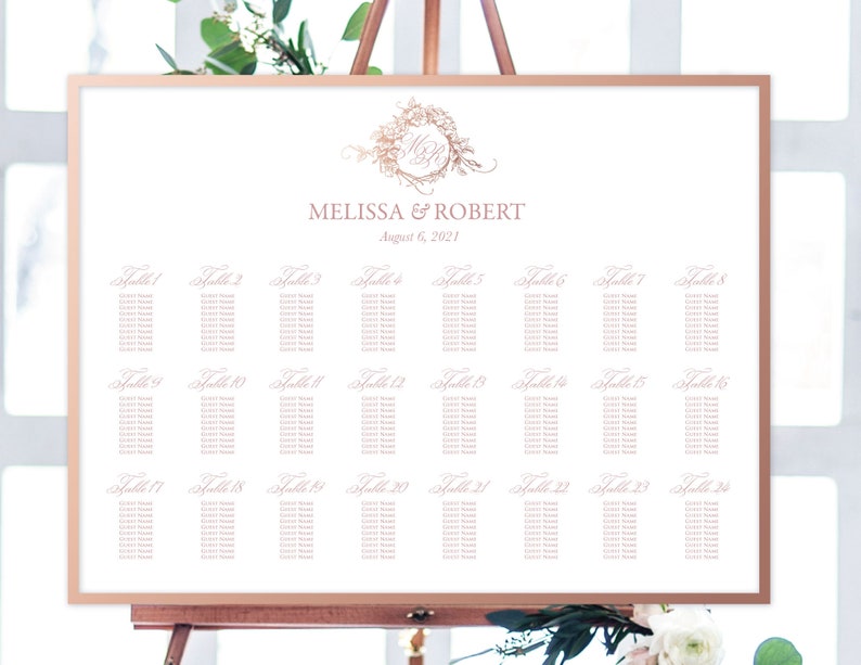 Printable Seating Chart with Rose Gold Monogram Guest | Etsy
