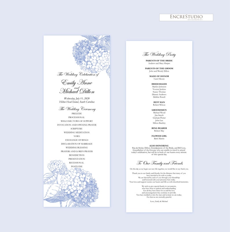 Editable Wedding Program Template Blue Hydrangea Order of - Etsy