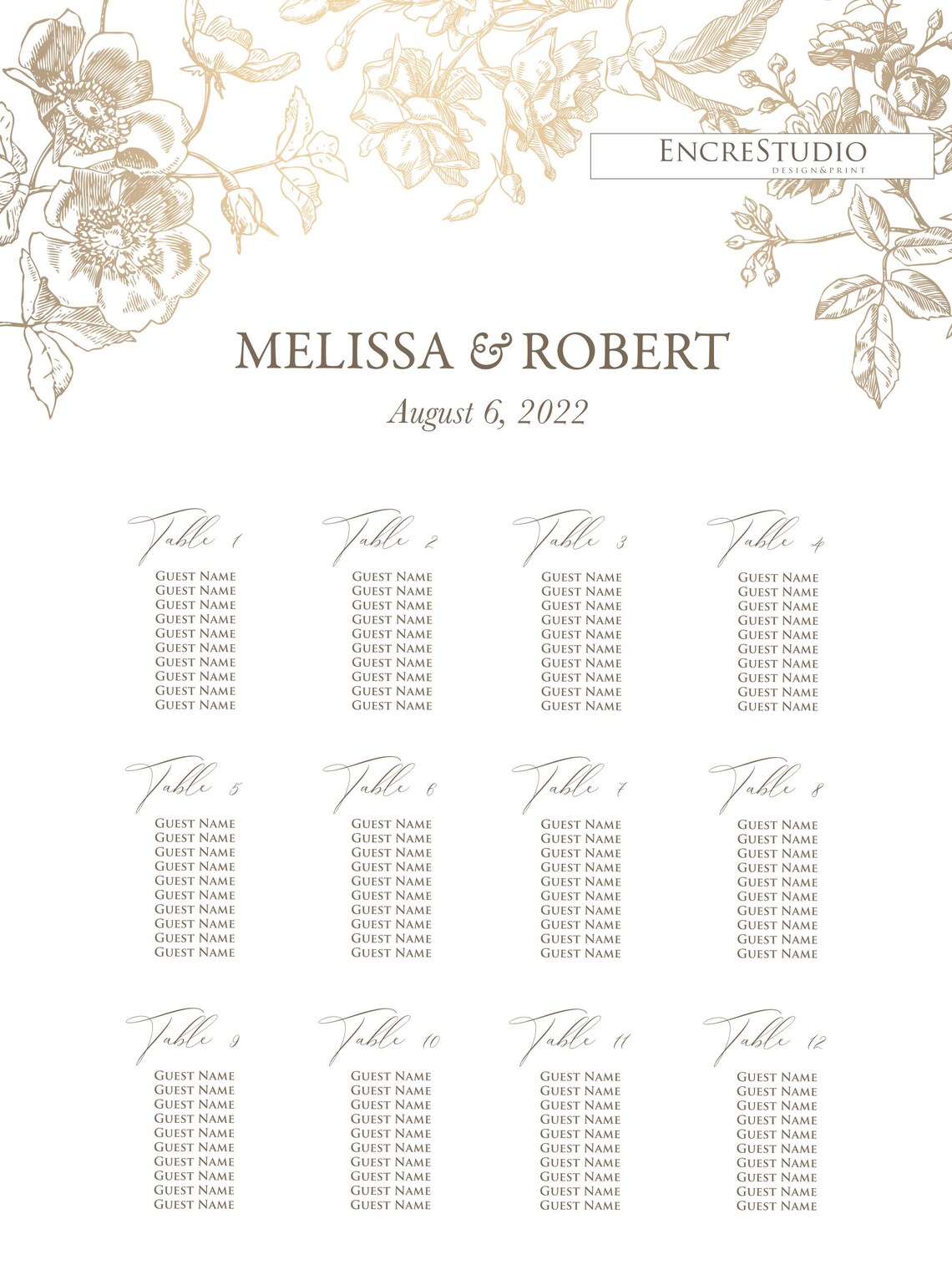 Editable Seating Chart With Gold Rose Guest Seating Plan - Etsy