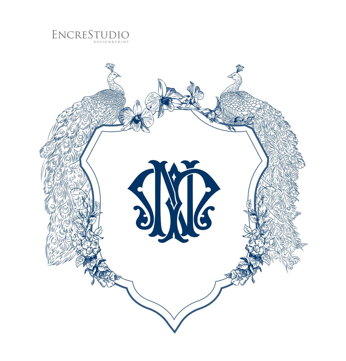 Peacocks, Orchids, Roses Wedding Crest Monogram | Editable Digital Logo ...