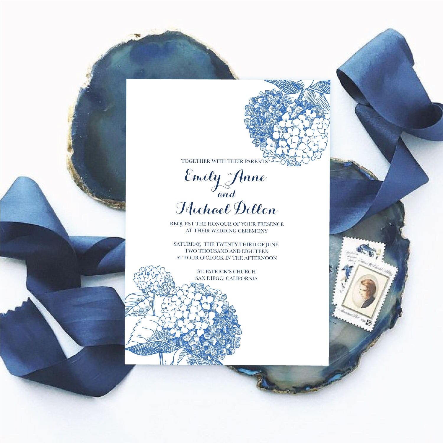 Printable Botanical Wedding Invitation Blue Hydrangea | Etsy