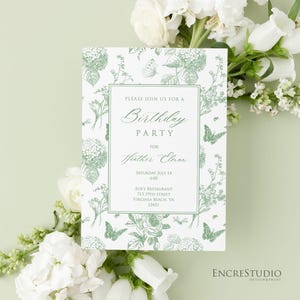 Garden Birthday Invitation Template - Green Hydrangea Toile Editable ...