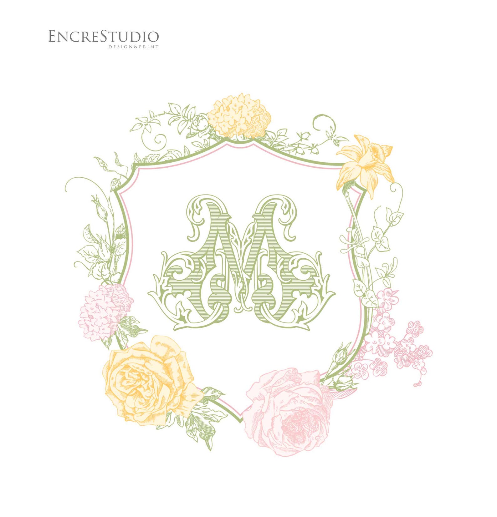 Summer Wedding Crest Monogram - Yellow and Pink Floral Design ...