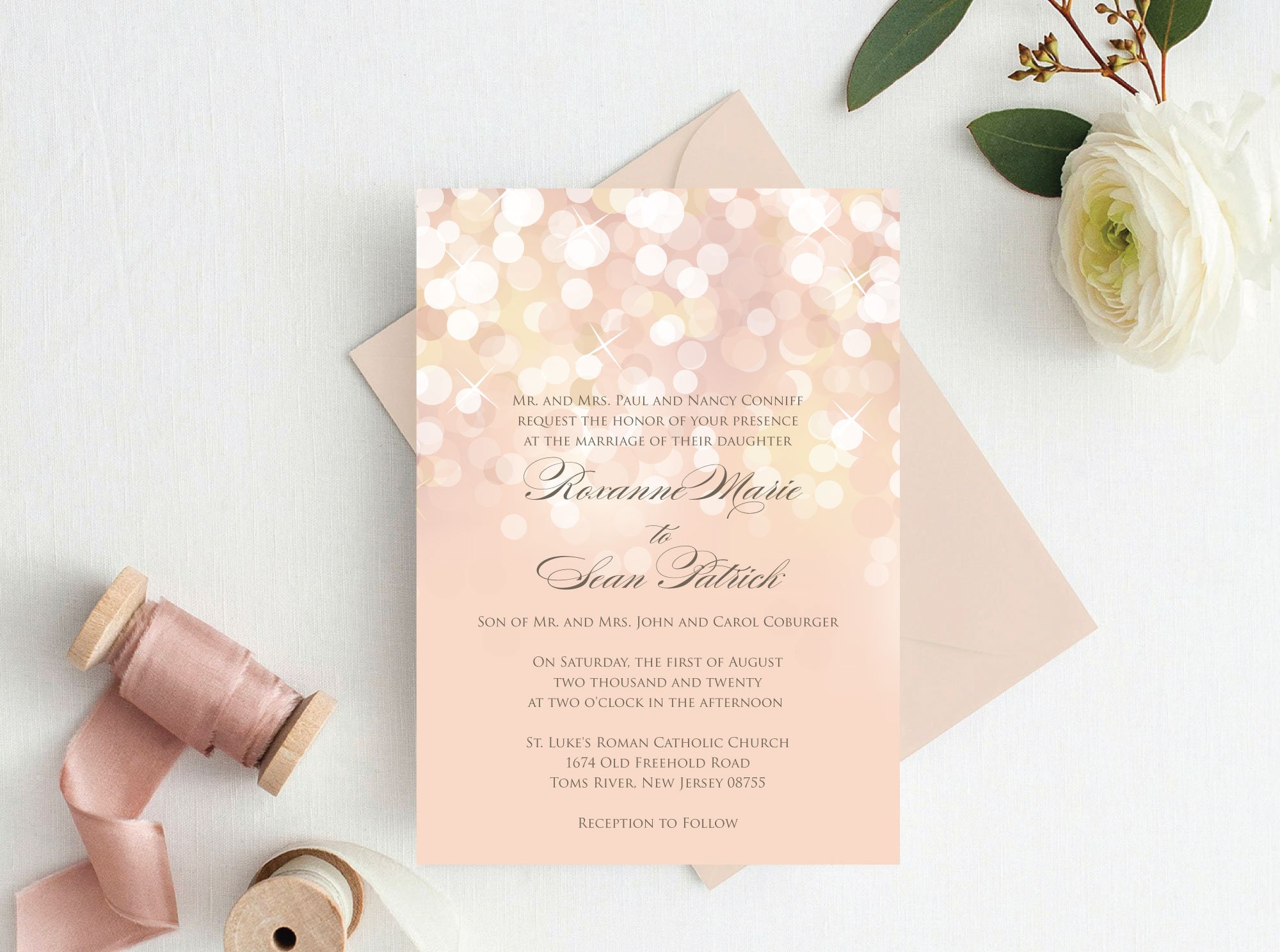 Gold and Blush Bokeh Wedding Invitation printed on metallic | Etsy