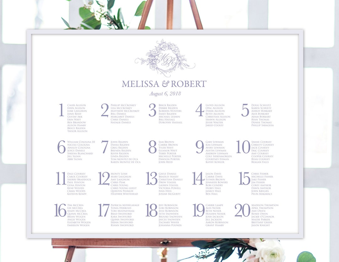 Editable Seating Chart With Silver Monogram - Guest Seating Plan ...