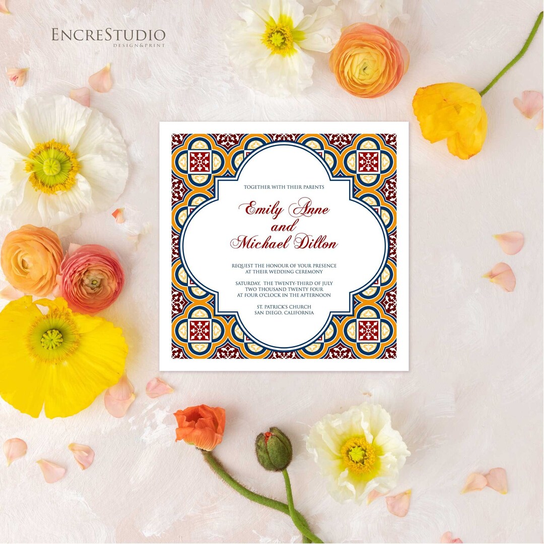 Editable Spanish Tiles Wedding Invitation Set: Mexican Theme Templates ...