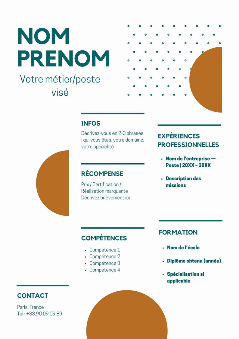 Modern French CV Template - Editable - Word & PDF - Etsy