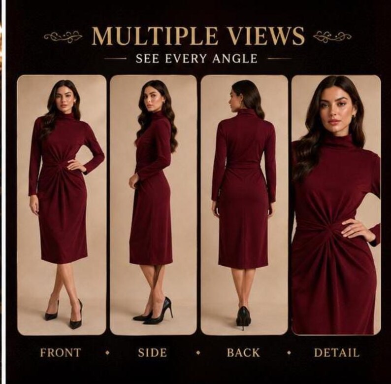 Twist Knot Midi Dress Sewing Pattern, Elegant Mock Neck Long Sleeve ...