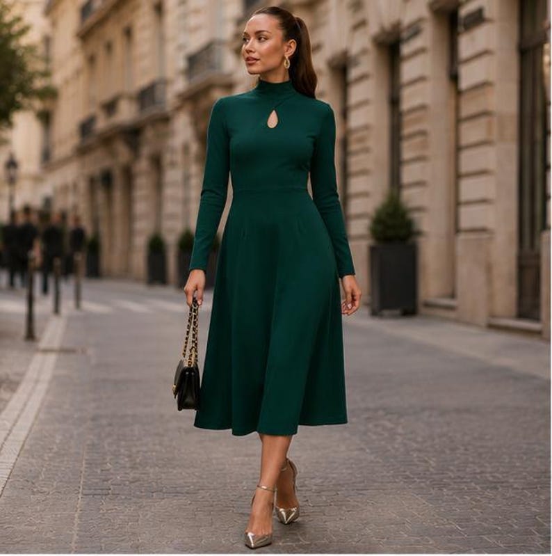 Mock Neck Midi Dress Sewing Pattern, Elegant Swing Dress PDF (digital ...