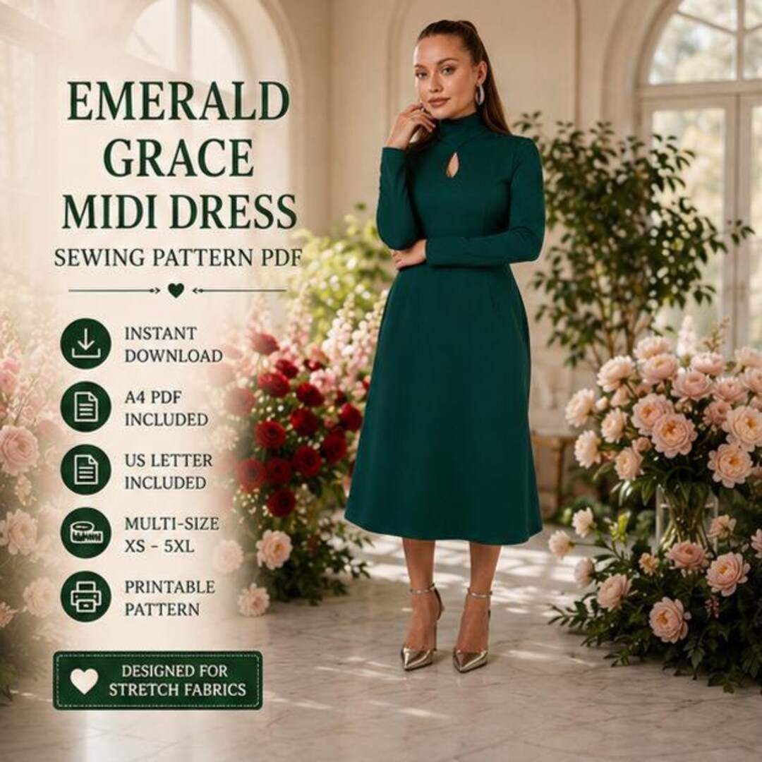 Mock Neck Midi Dress Sewing Pattern PDF, Long Sleeve Dress Pattern ...