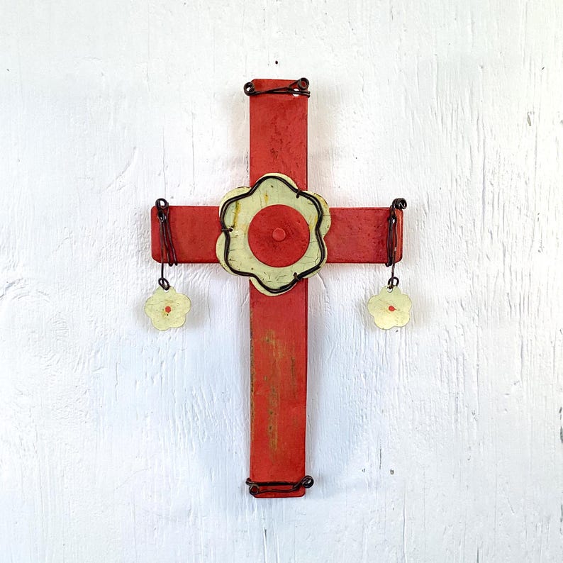 Metal Flower Wall Cross Red/lt. Yellow Recycled Repurposed Green ...