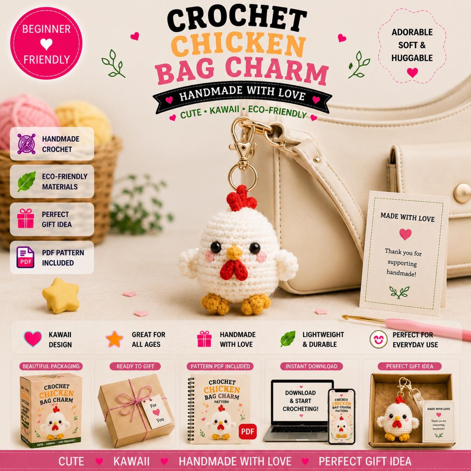 Crochet Chicken Bag Charm Pattern (PDF Download), Kawaii Keychain ...
