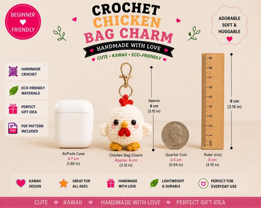 Crochet Chicken Bag Charm Pattern (PDF Download), Kawaii Keychain ...