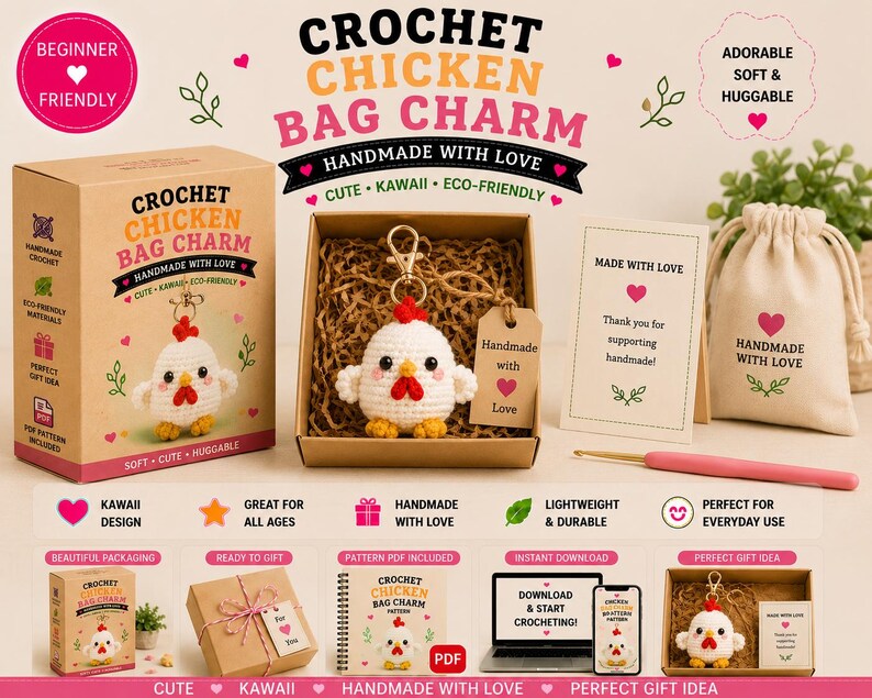 Crochet Chicken Bag Charm Pattern (PDF Download), Kawaii Keychain ...