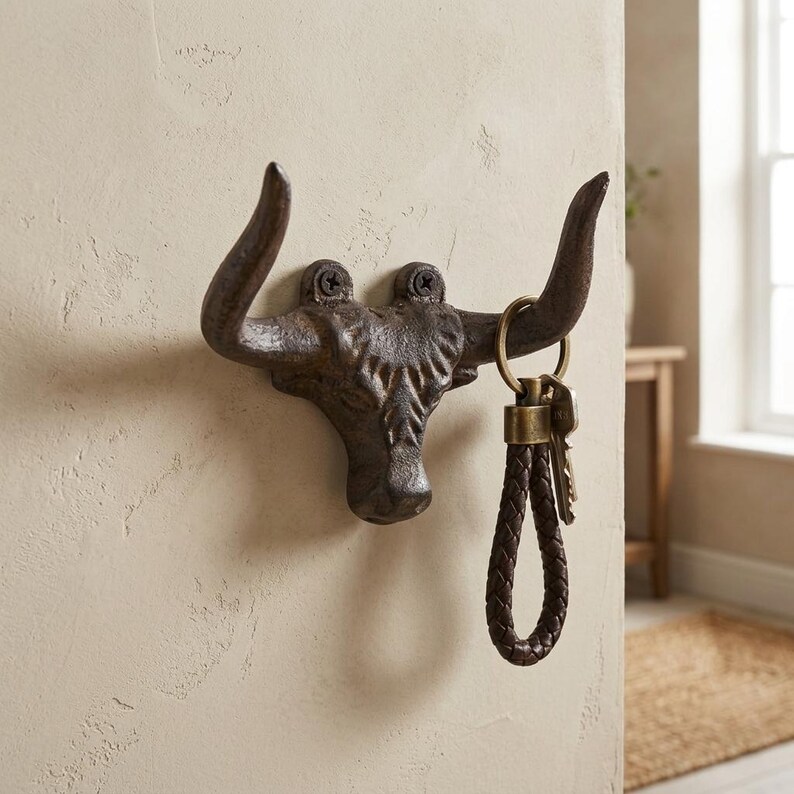 Vintage Cast Iron Bull Head Wall Hook, Handcrafted Industrial Coat Rack ...